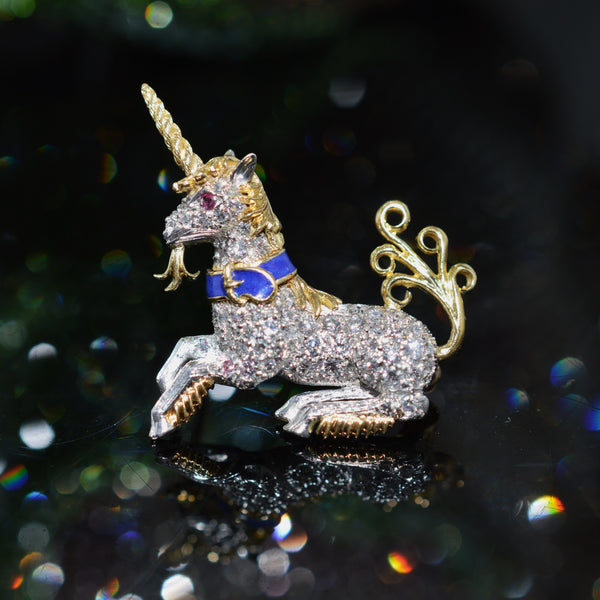 Rare 18K Yellow Gold And Platinum Diamond Unicorn Brooch By McTeigue ...